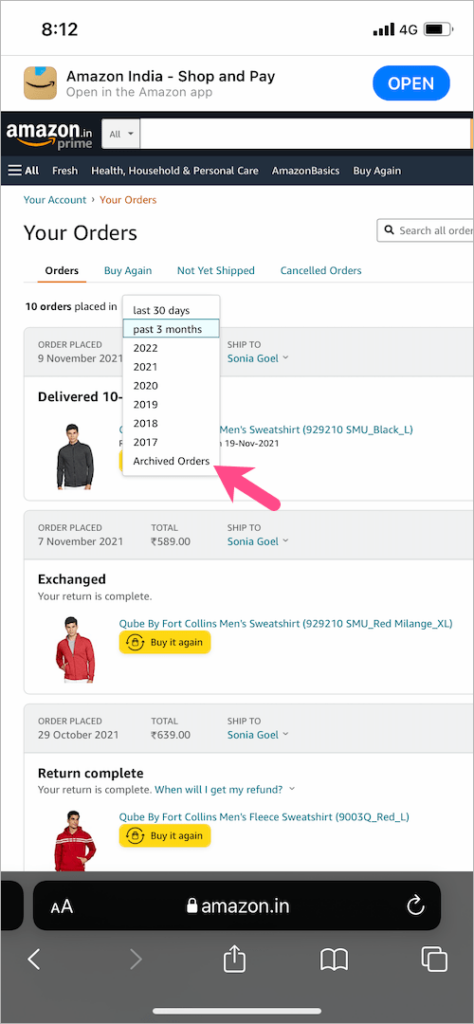 How to Archive Orders and View Archived Orders on Amazon App